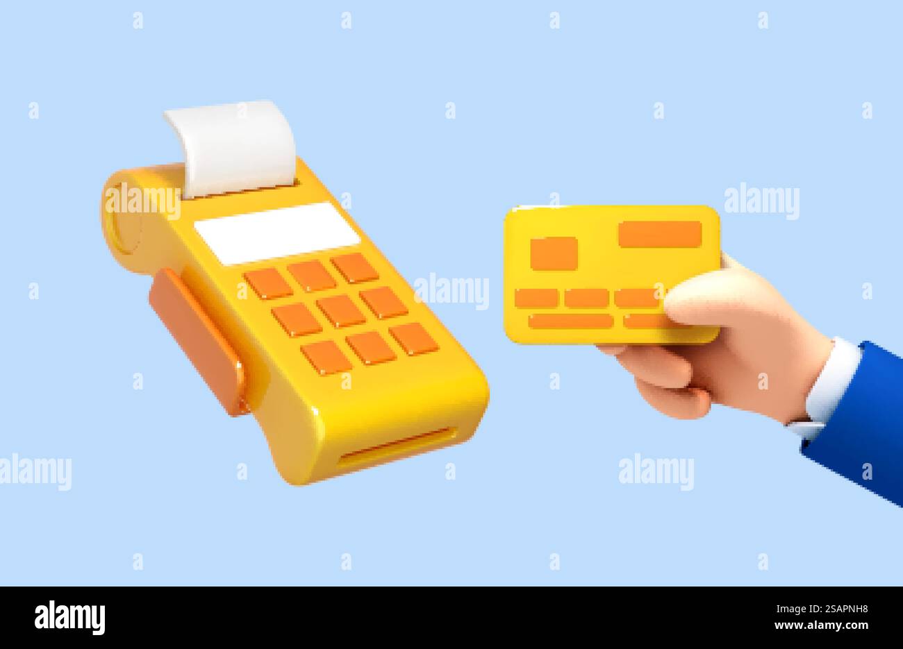 Cartoon hand holding credit card and payment terminal isolated on blue ...