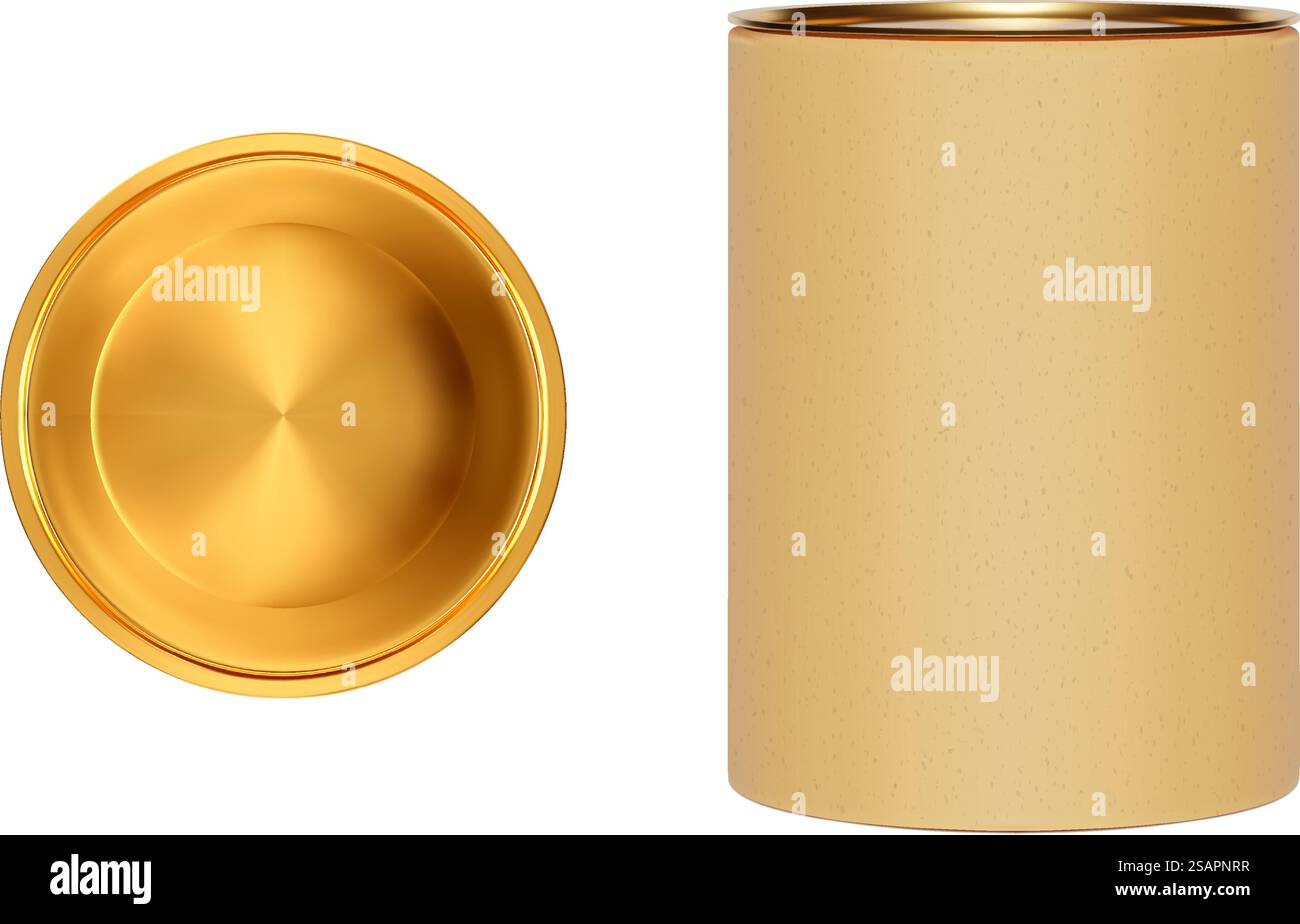Craft beige cylindrical cardboard box with gold lid isolated from ...