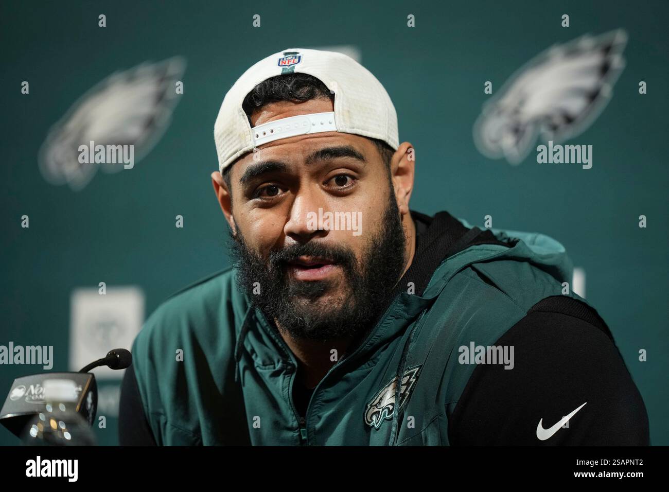 Philadelphia Eagles offensive tackle Jordan Mailata speaks during an ...