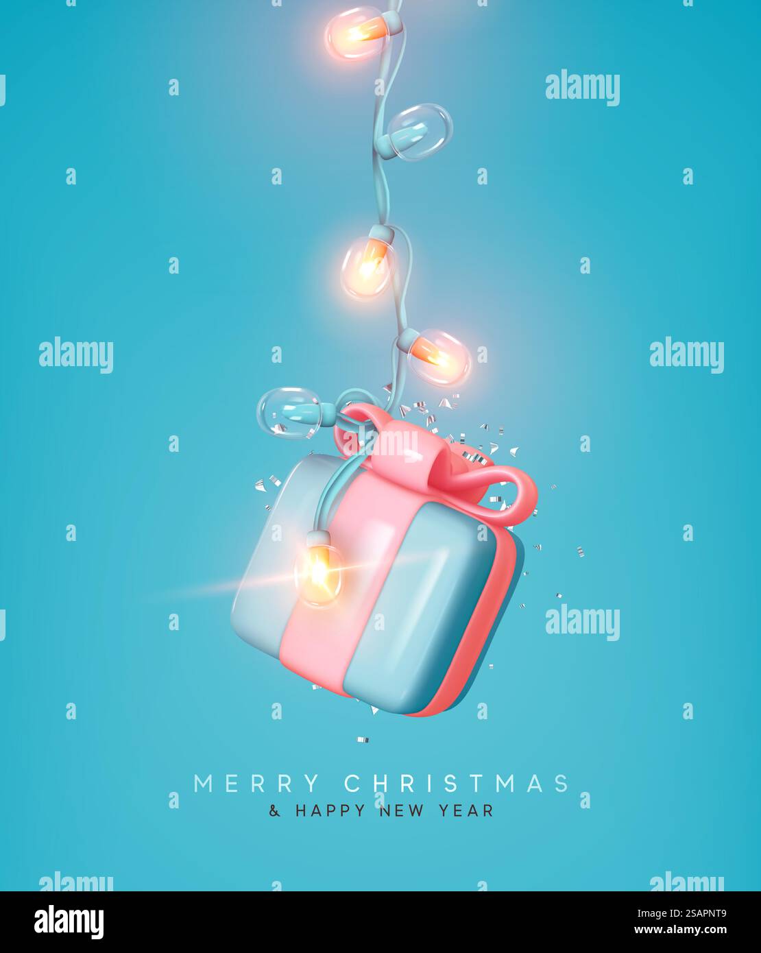 Christmas gift box hanging on bright glowing Xmas garland. Realistic 3d ...