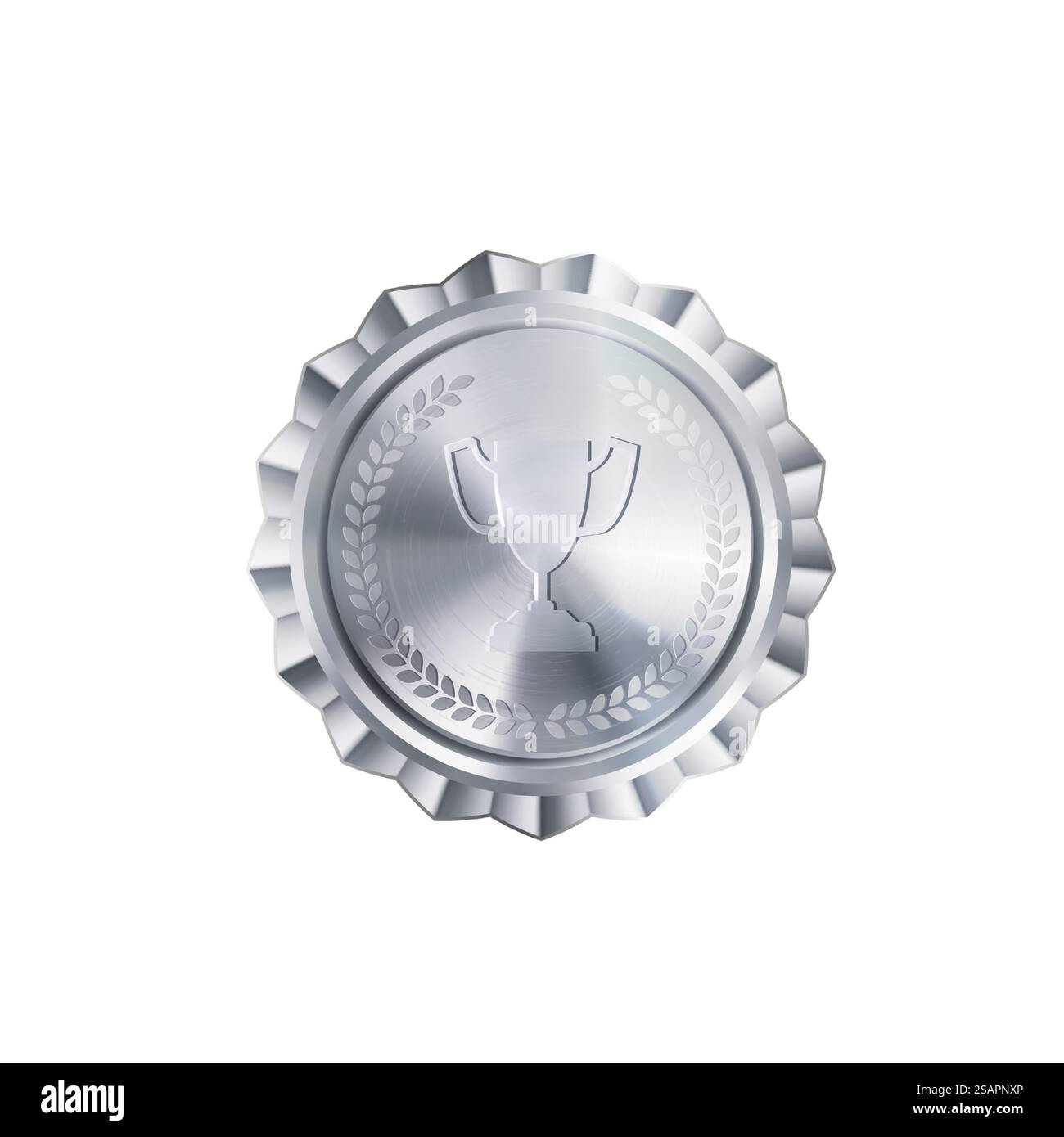 Realistic silver medal with engraved laurel wreath and winner cup ...