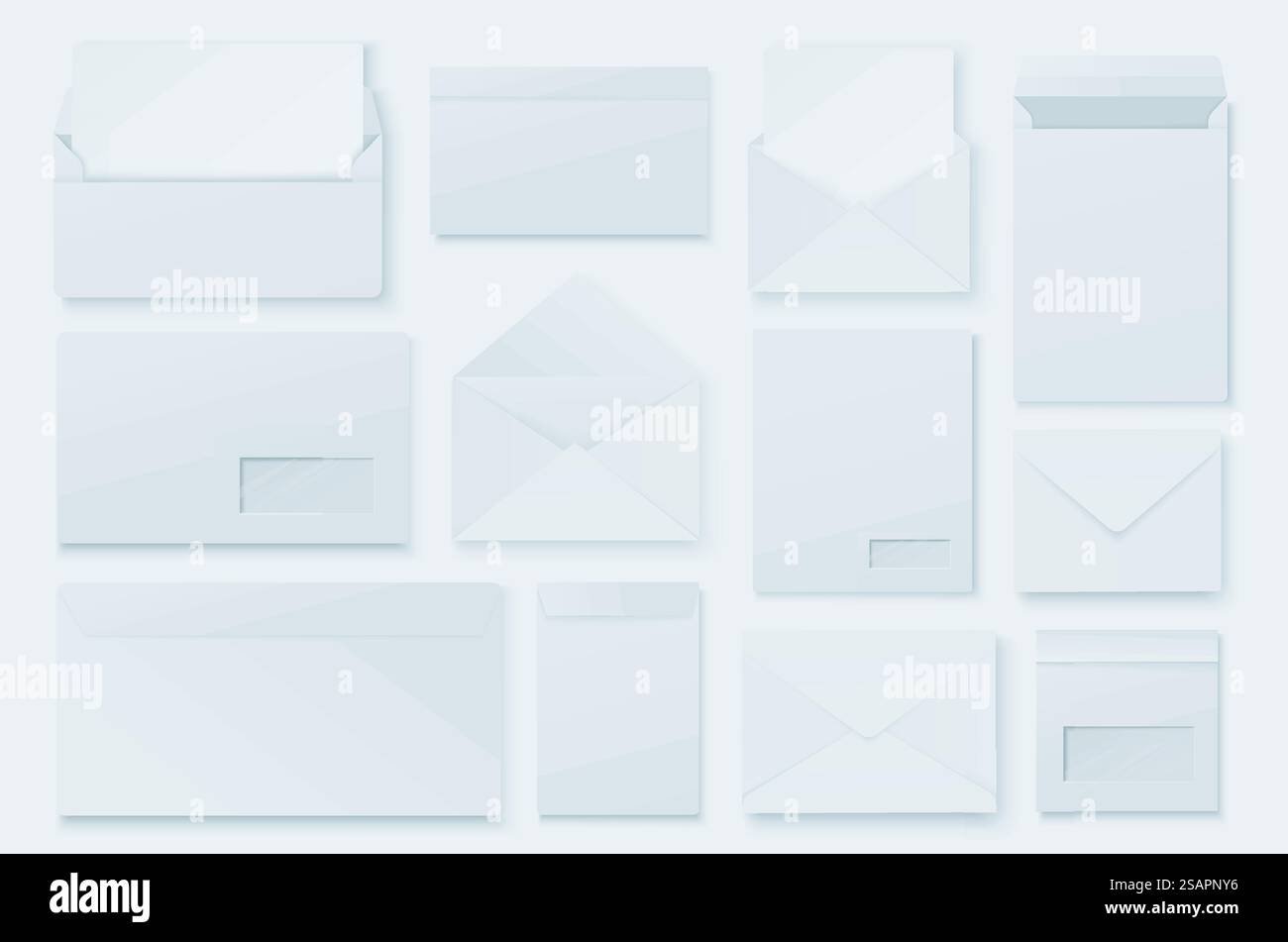 White envelopes mega set in 3d realistic design. Bundle elements of different formats of closed ...