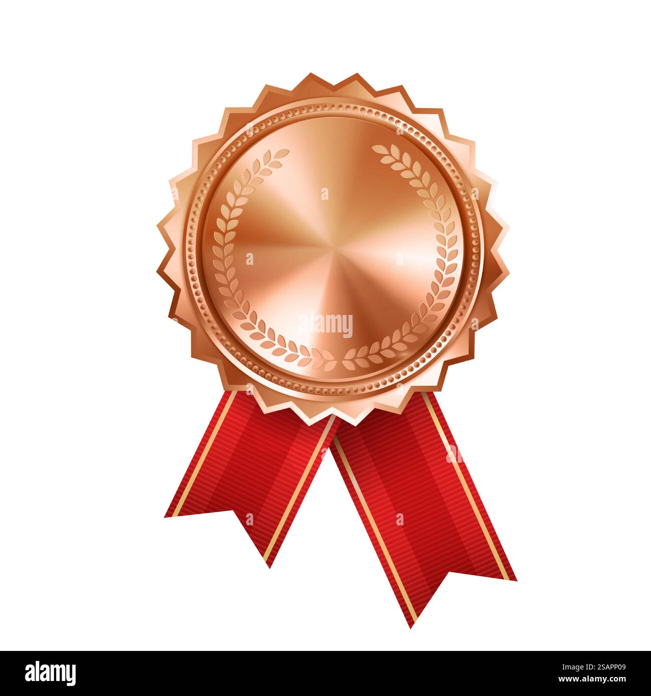 Shiny realistic empty bronze award medal with red ribbon rosettes on ...