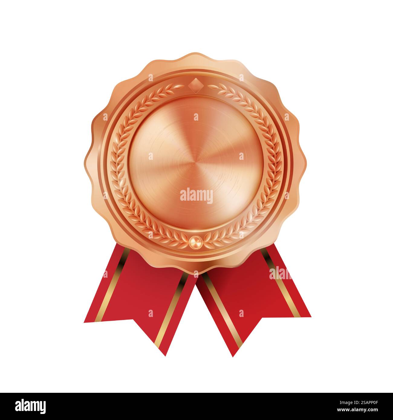 Shiny realistic empty bronze award medal with red ribbon rosettes on ...