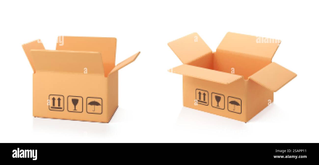 Two 3D cardboard open box isolated on white background. Delivery cargo ...