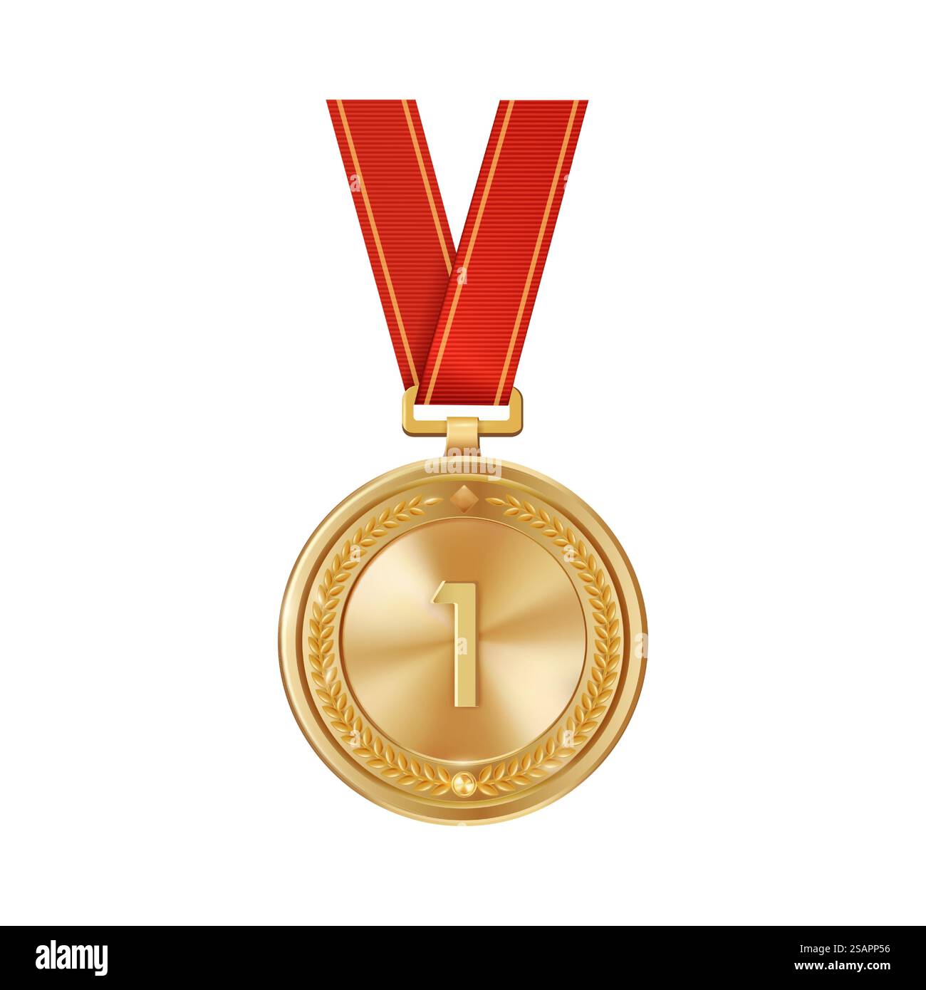 Realistic golden medal on red ribbon with engraved number one. Sports ...