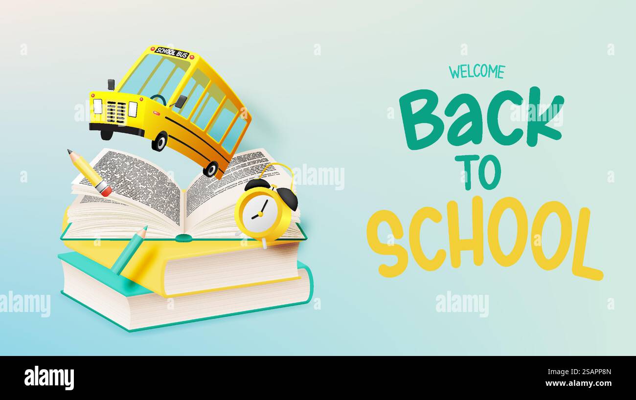 School bus 3D art style with school supplies vector illustration Stock ...