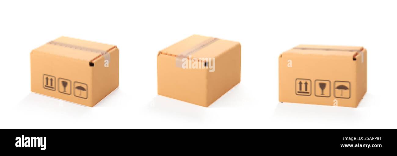 Three 3D cardboard closed box isolated on white background. Render ...