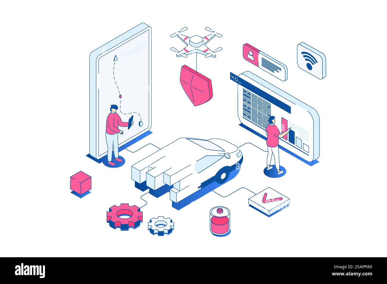 Smart car concept in 3d isometric design. Men managing electric car at mobile phone app ...