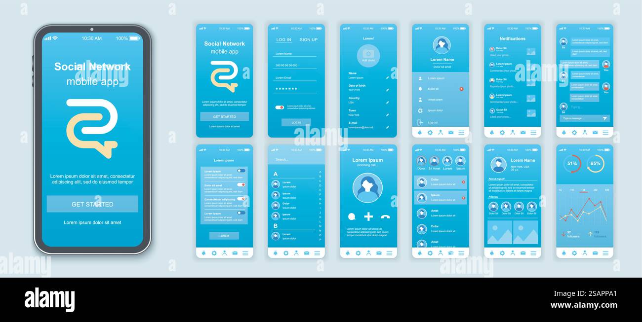 Social network mobile app interface screens template set. Online ...