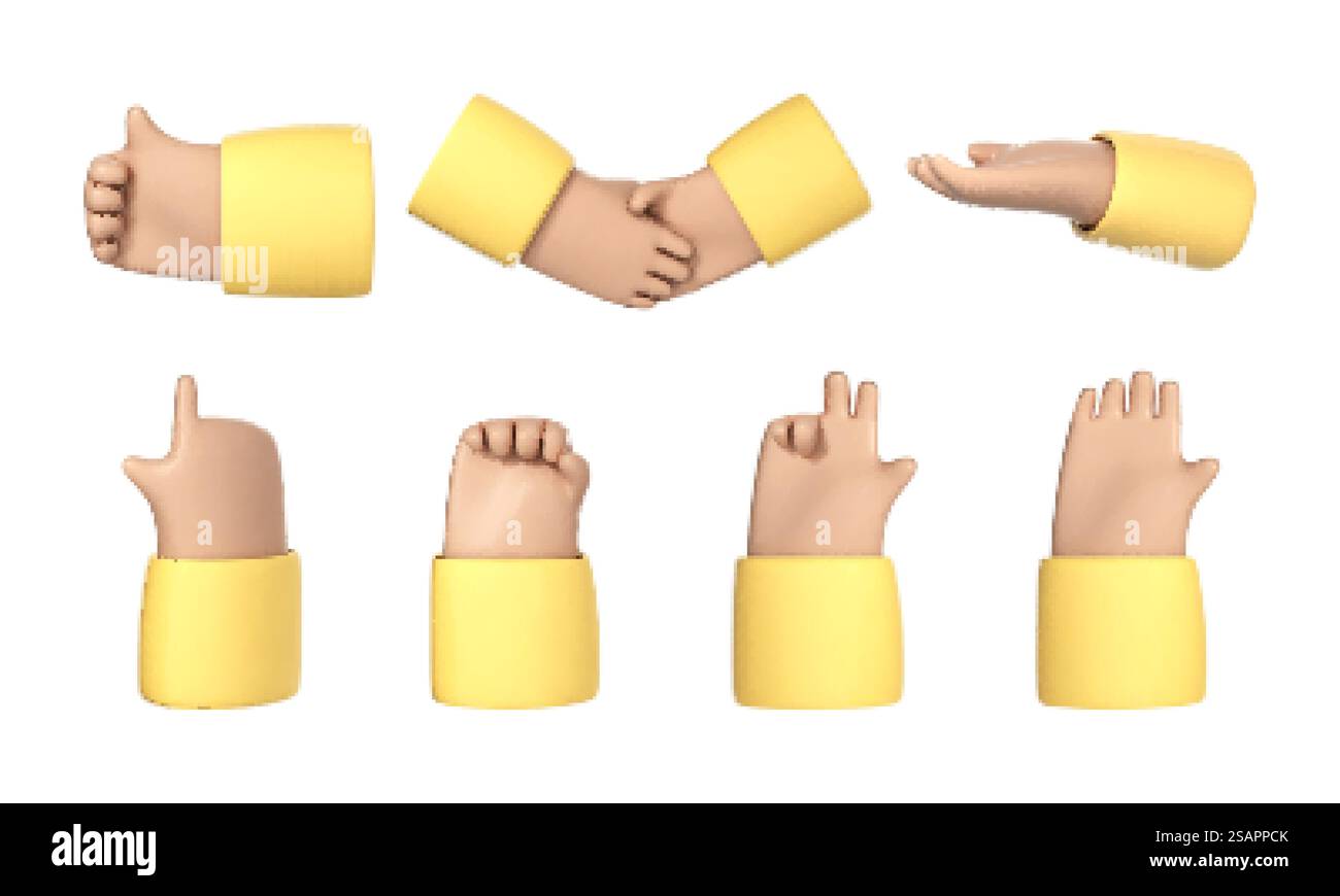 Set of cartoon 3D hands. Cartoon hand gestures isolated on white background. Vector 3d ...