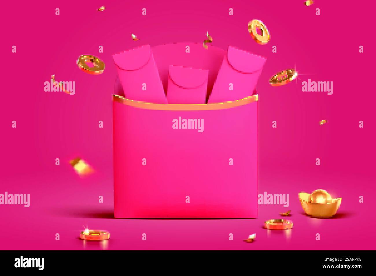 3d large red envelope full of small ones inside with gold coins falling ...