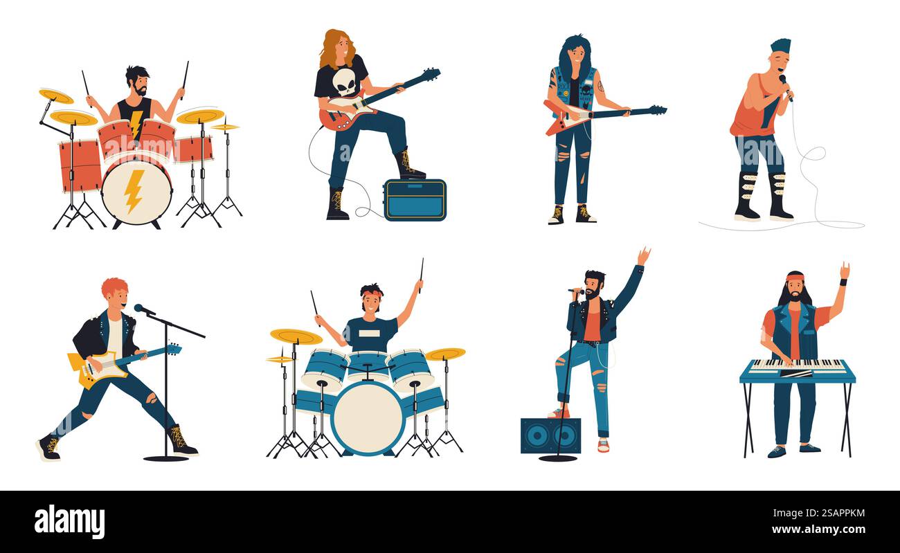 Rock band characters. Cartoon guitar player, vocalist and drummer ...