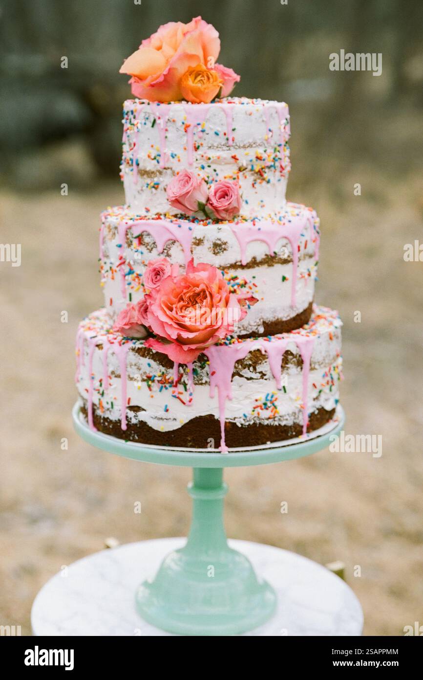 A beautifully crafted three-tiered cake featuring vibrant pink frosting ...