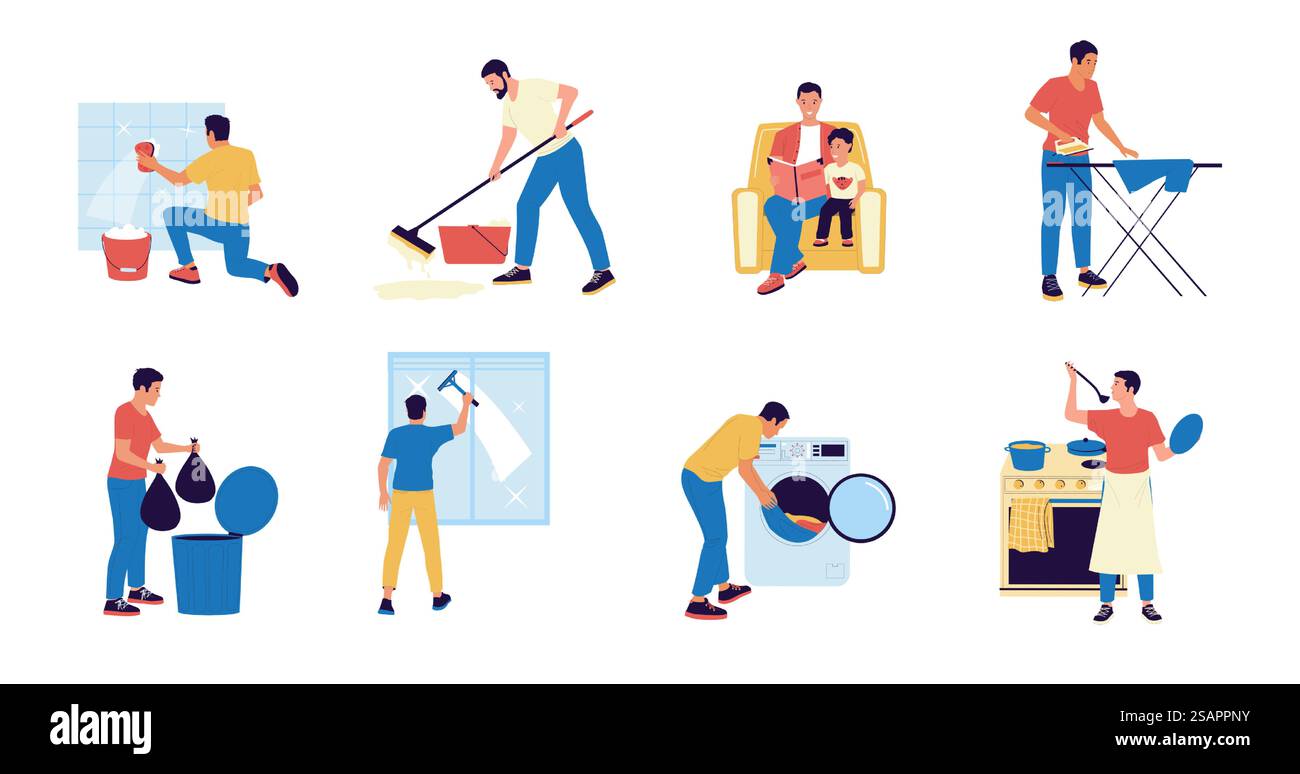 Dad housekeeper. Cartoon father character doing household work - cook ...