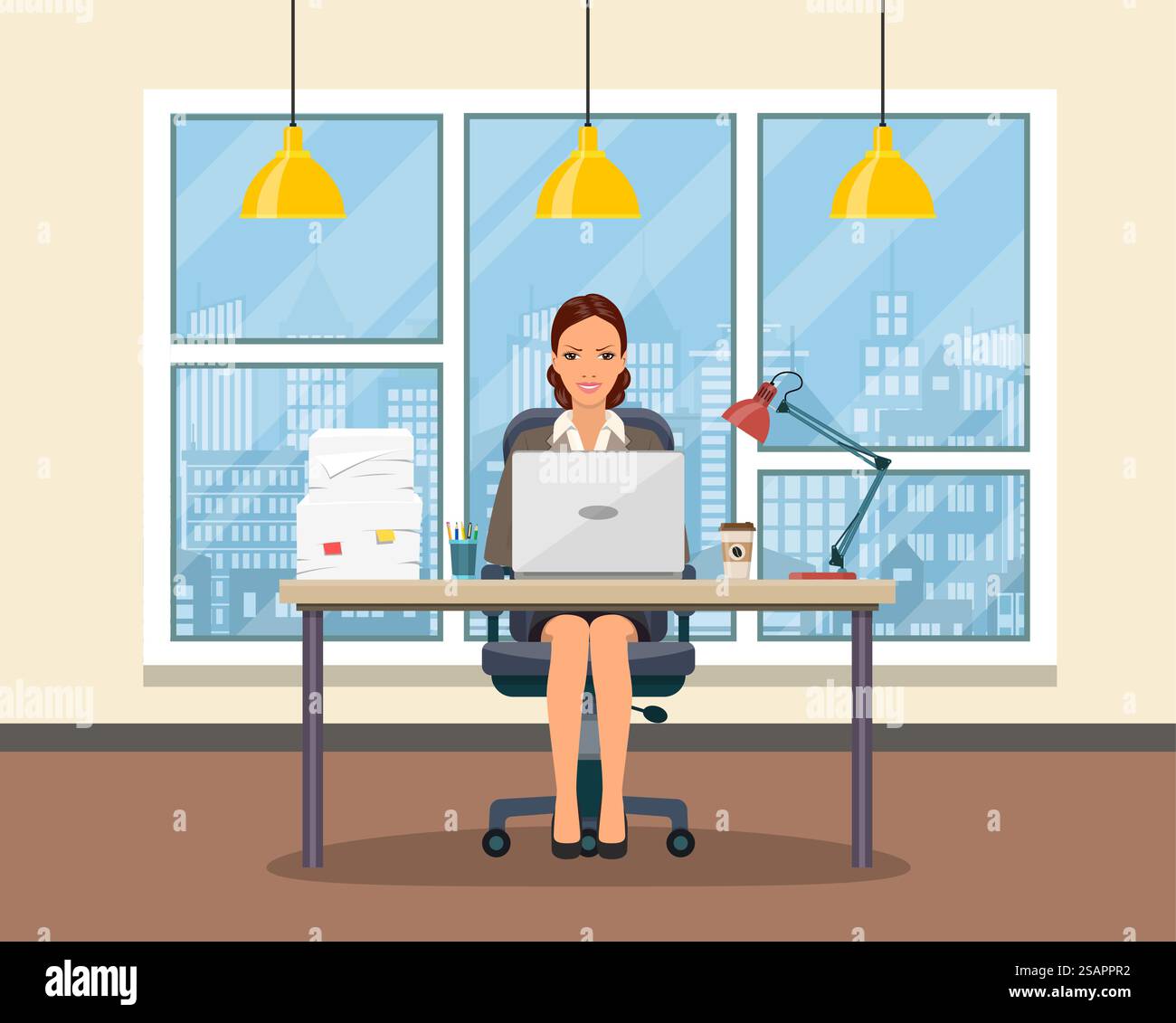 Office workplace with table, bookcase, window. Business woman or a ...