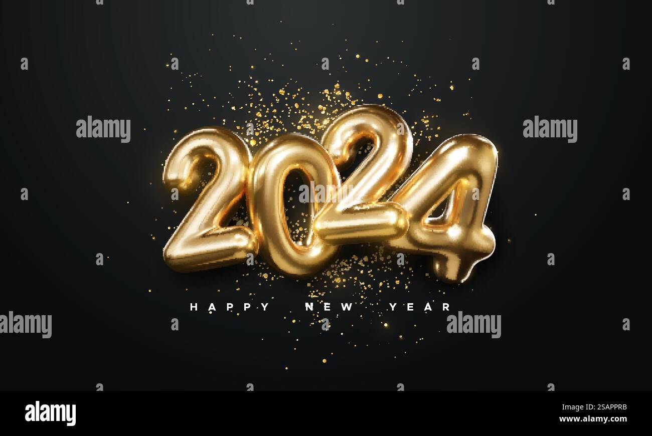 Realistic 2024 golden numbers and festive confetti on black background. Vector holiday ...