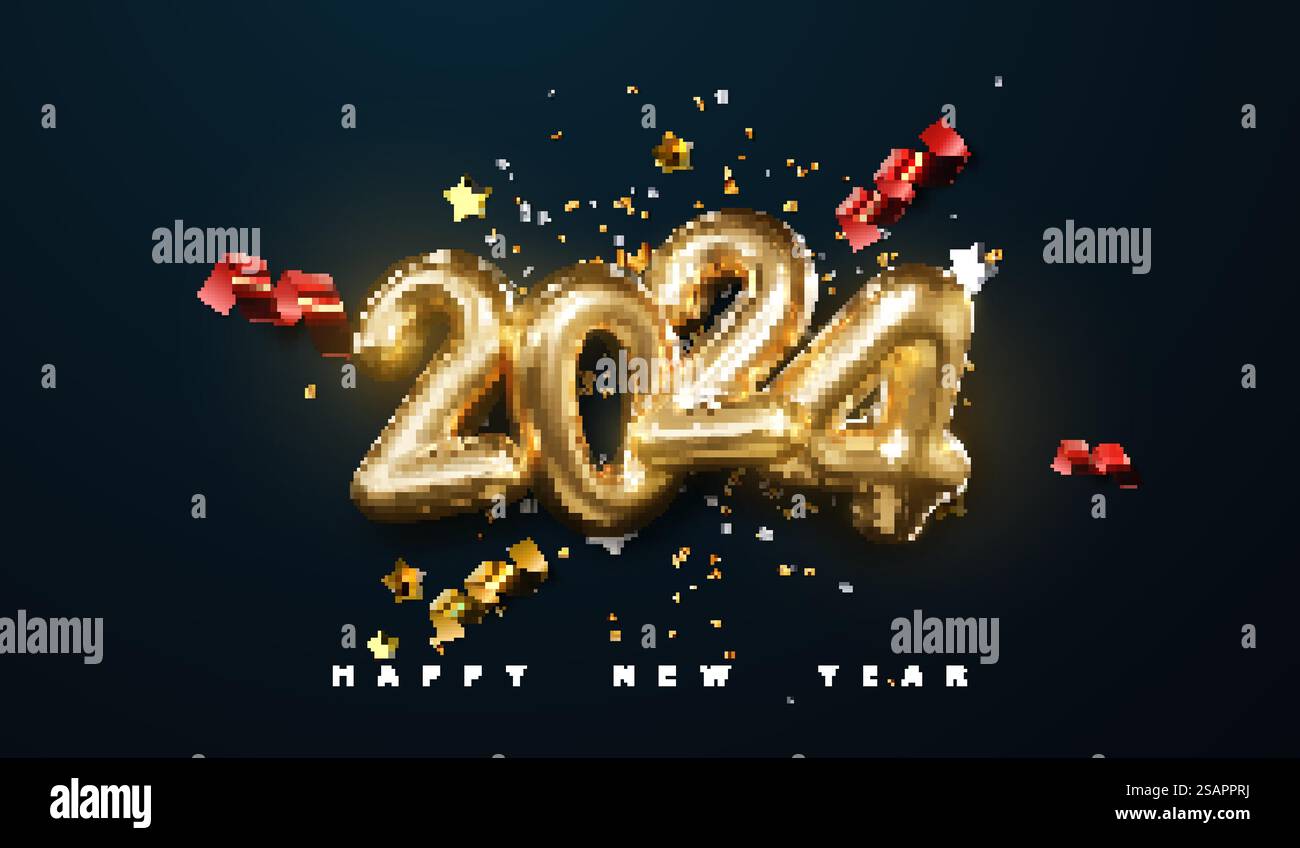 Realistic 2024 golden numbers with festive confetti, stars and spiral ribbons on black ...