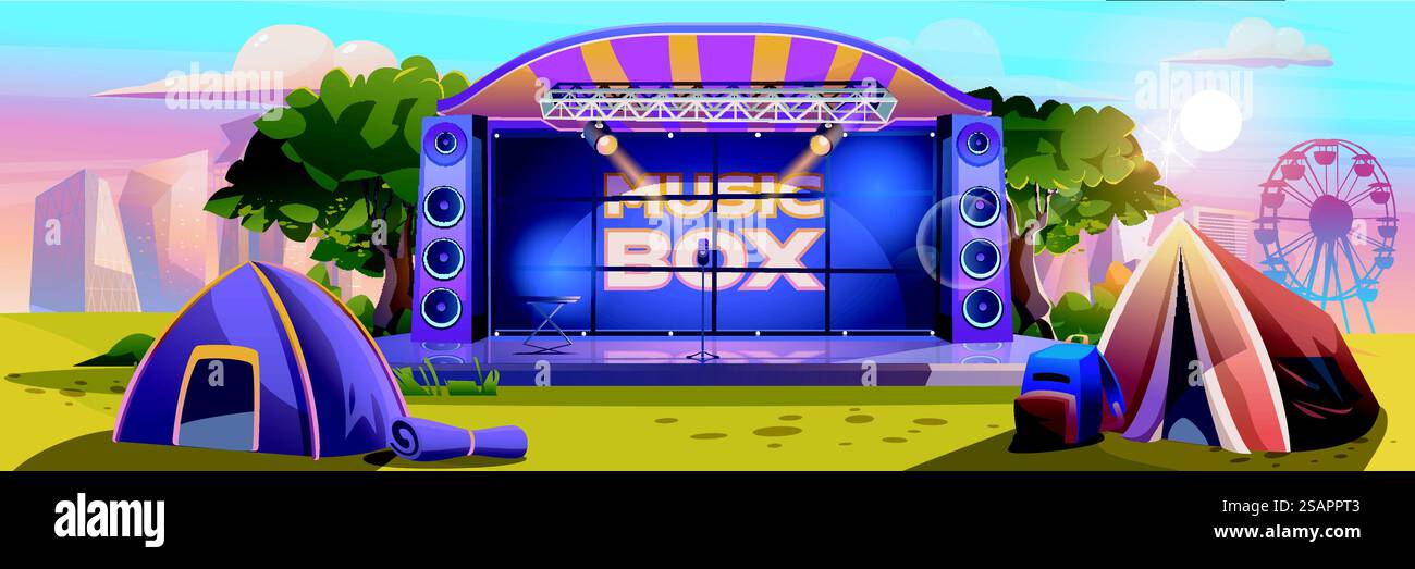 Music festival background banner in flat cartoon design. Open air ...