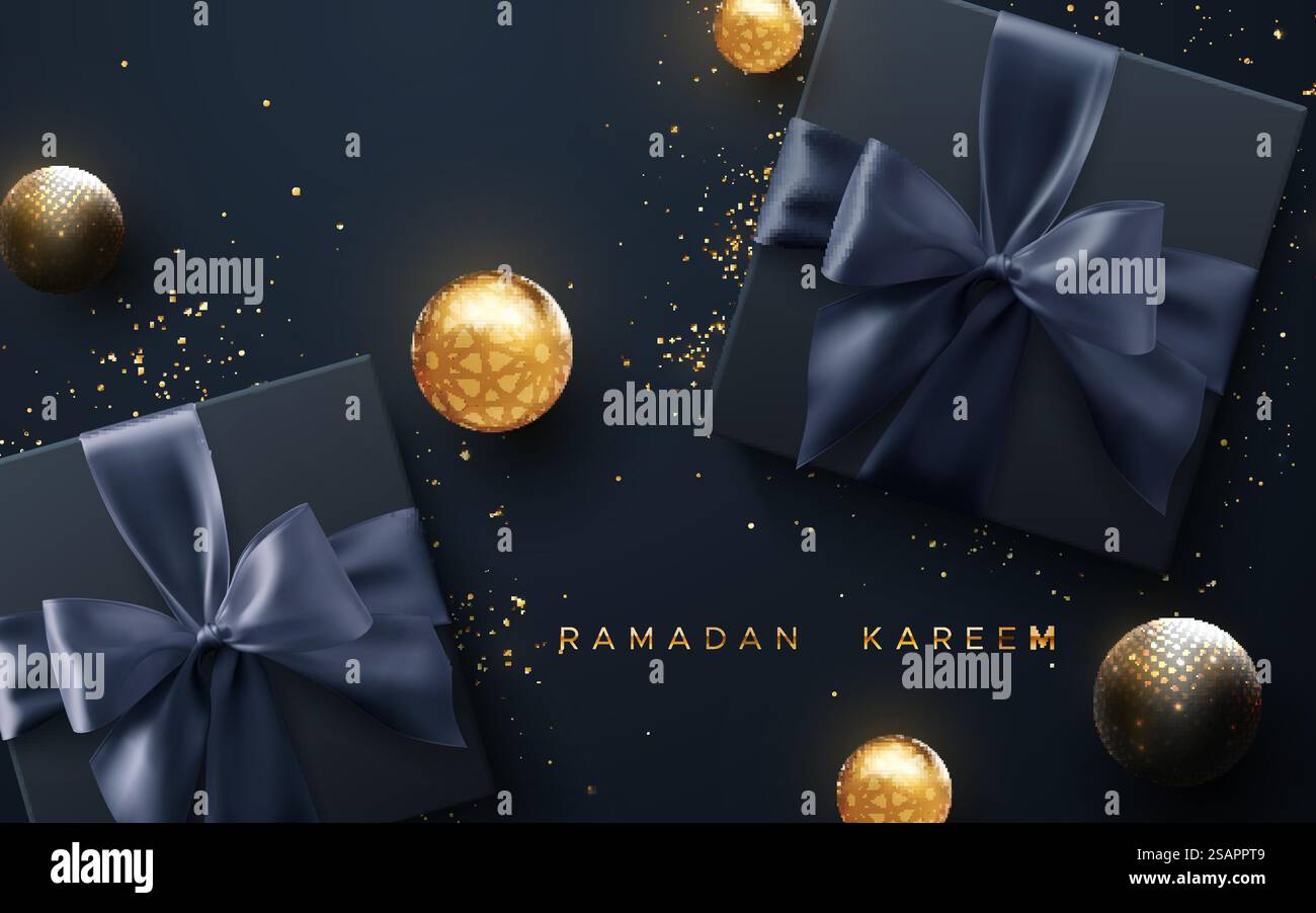 Ramadan Kareem holiday design. Black gift boxes with bows and ribbons ...