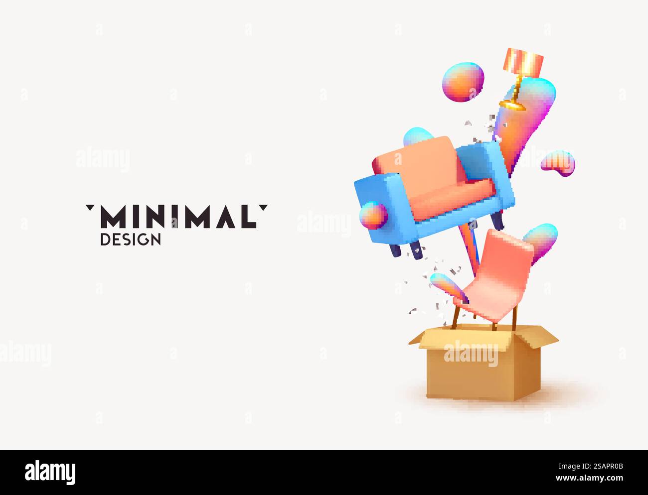 Abstract minimal design with realistic 3d objects. Open cardboard box ...