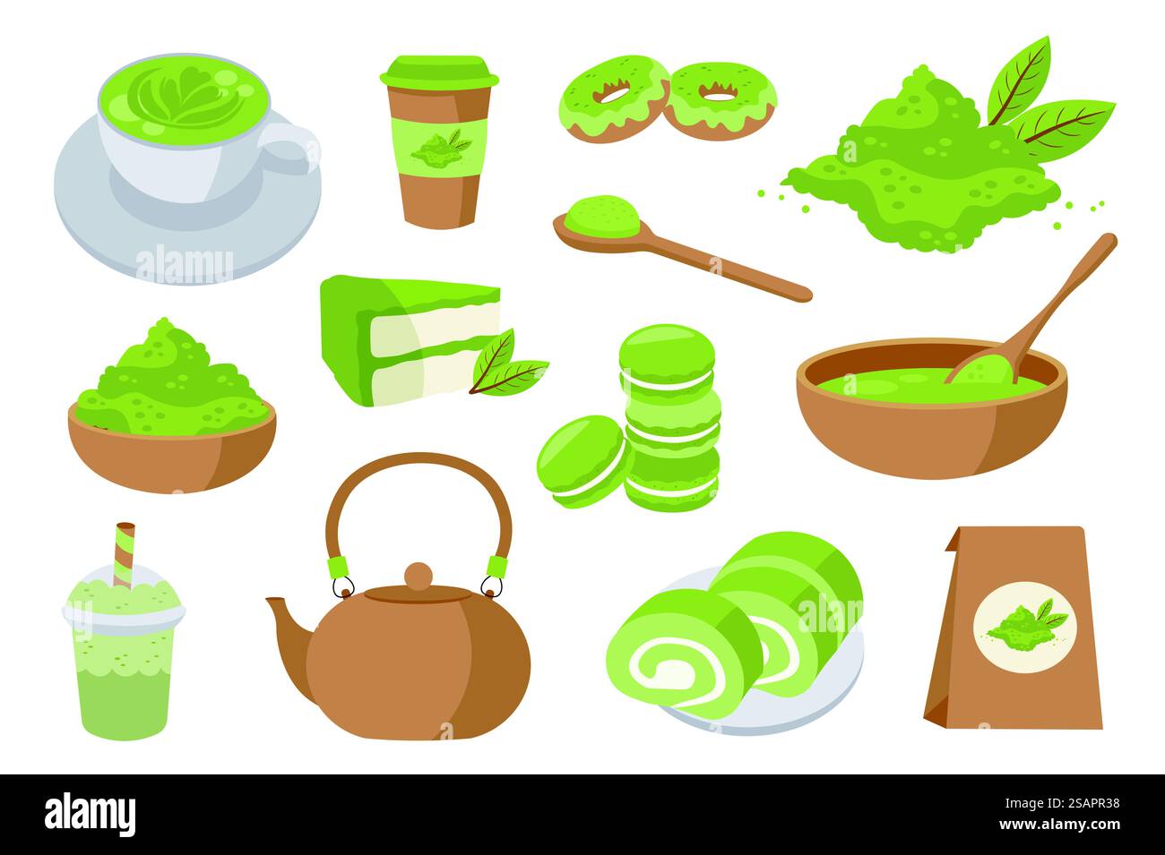 Matcha tea mega set in flat cartoon design. Bundle elements of green ...
