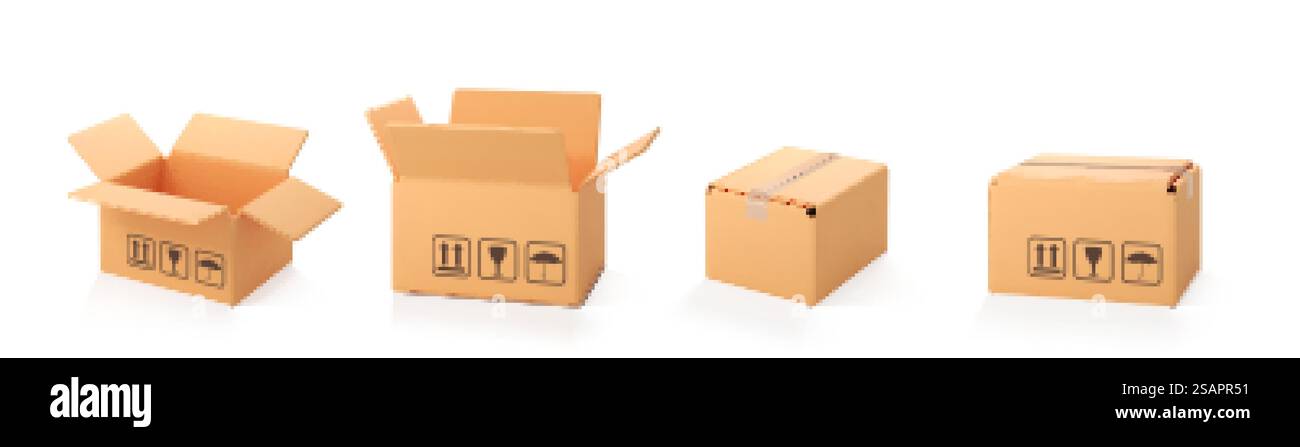 3D cardboard open and closed boxes isolated on white background ...