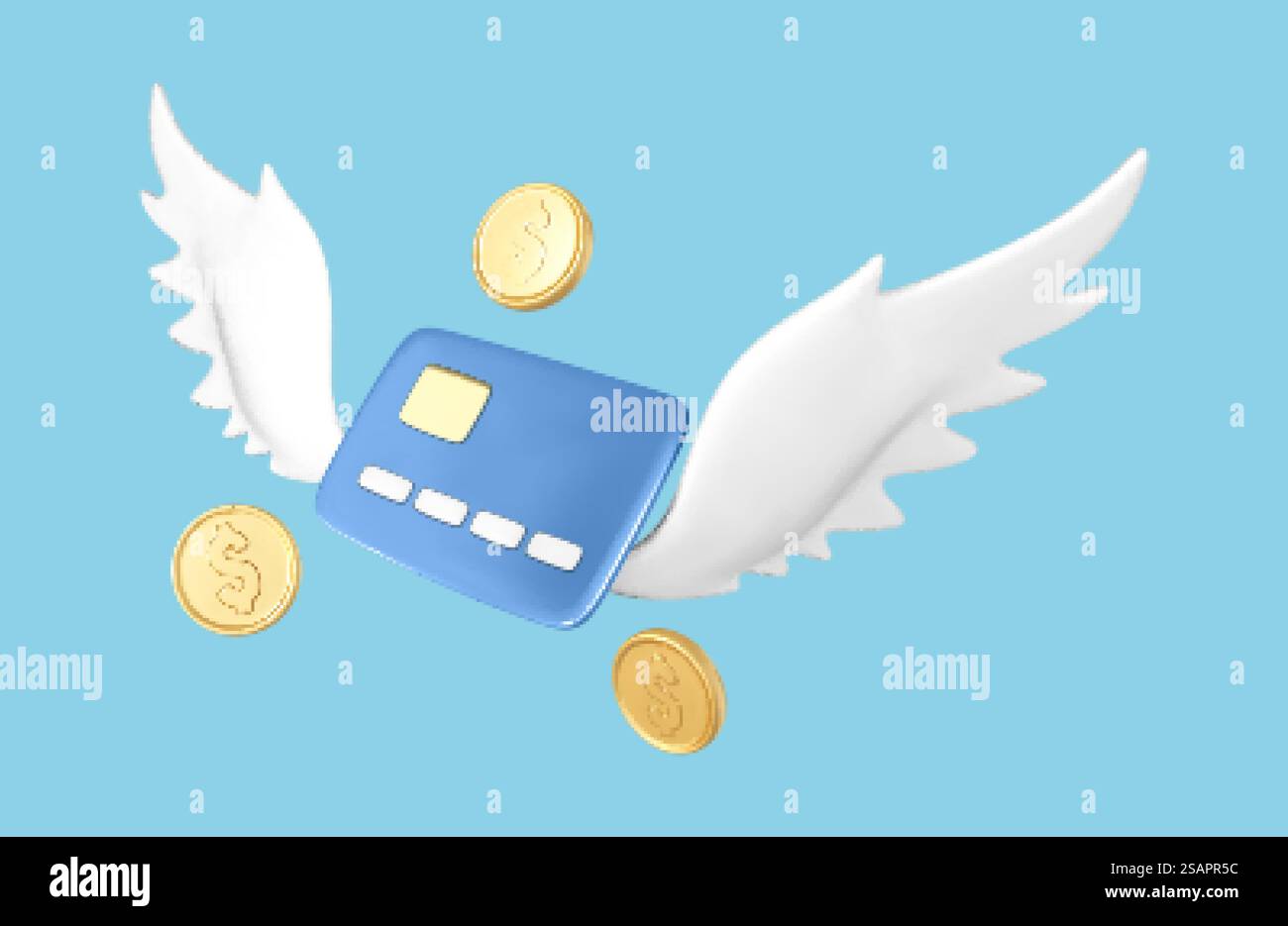 3D flying credit card with coins. Online payment concept. Lost money ...