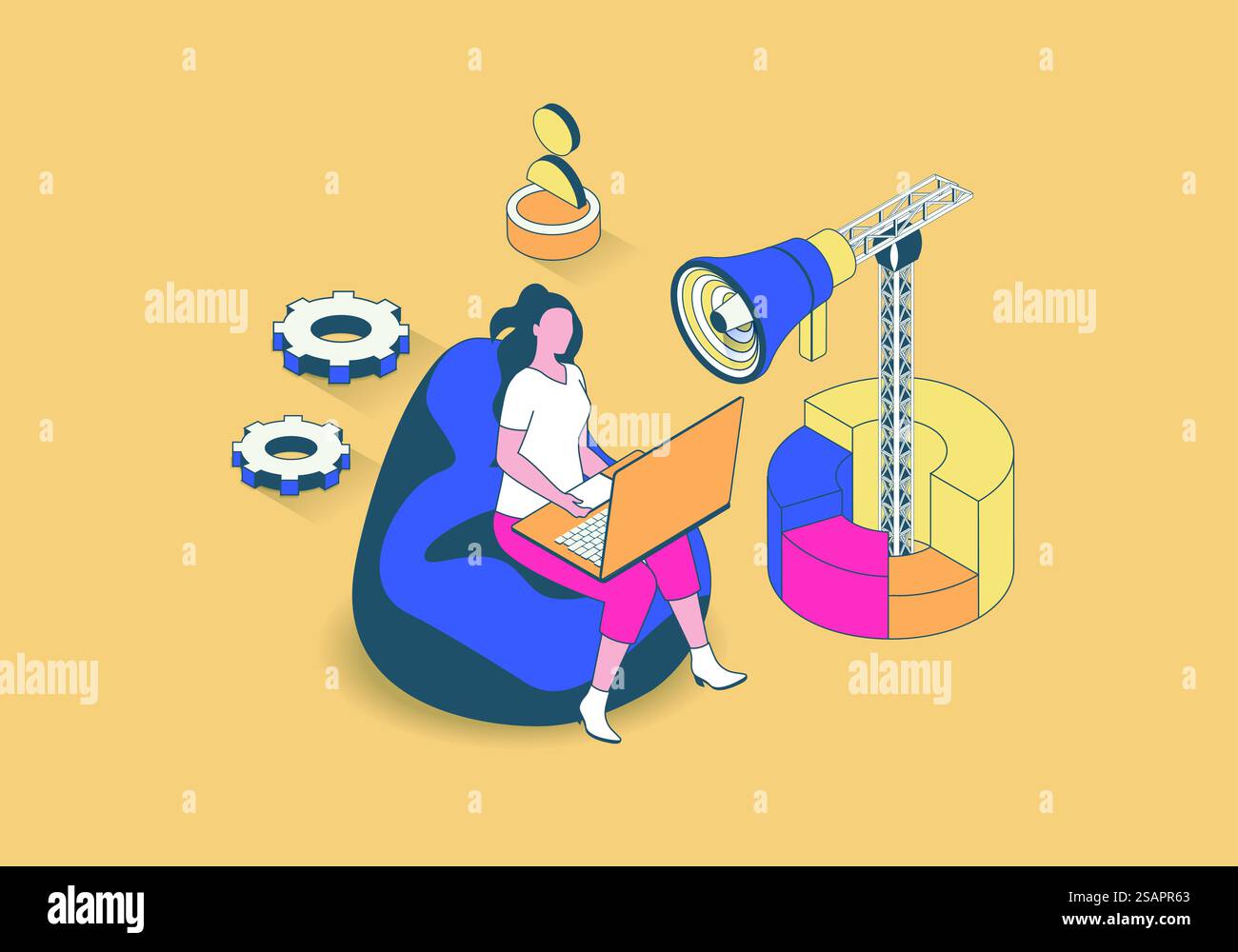 Marketing concept in 3d isometric design woman promoting business online hi-res stock ...