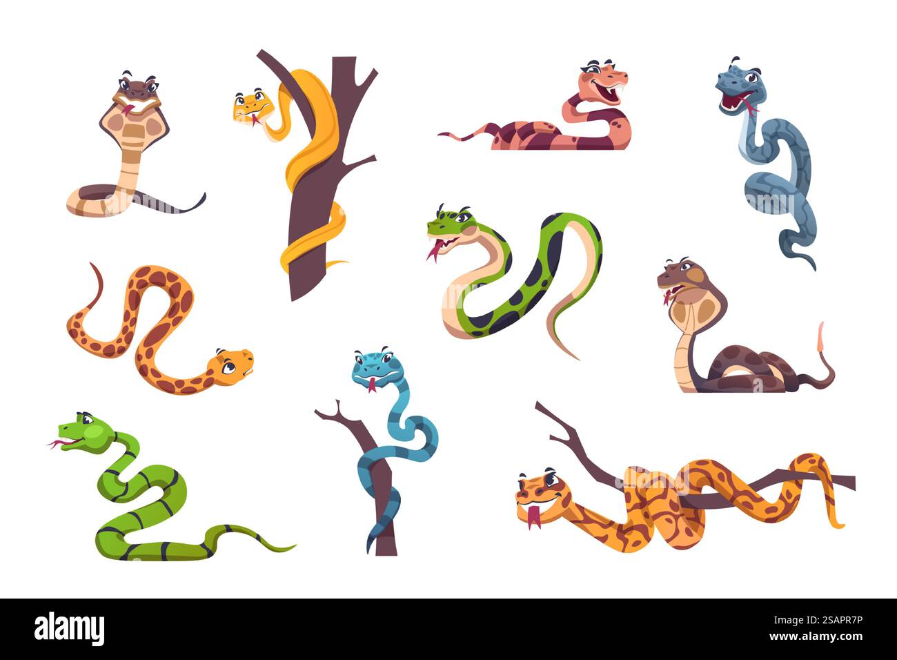 Snakes character. Cute animal mascot with funny face emotions for kids ...