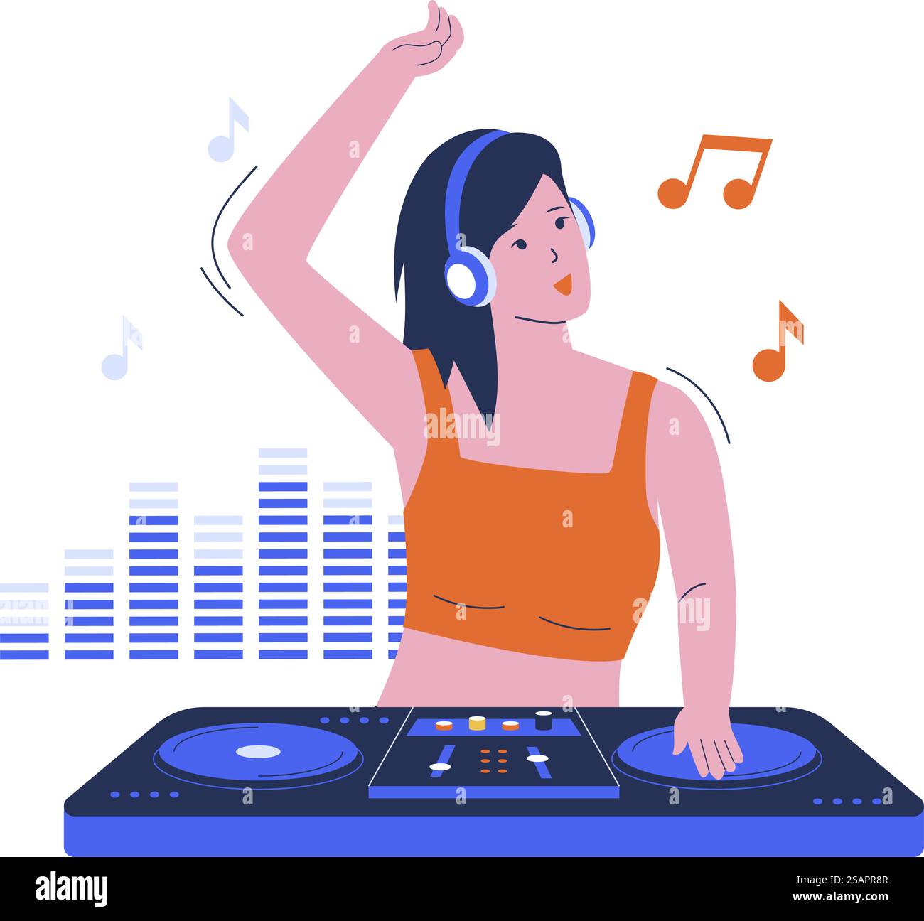 Flat design of woman playing dj music on the table. Cartoon female with ...
