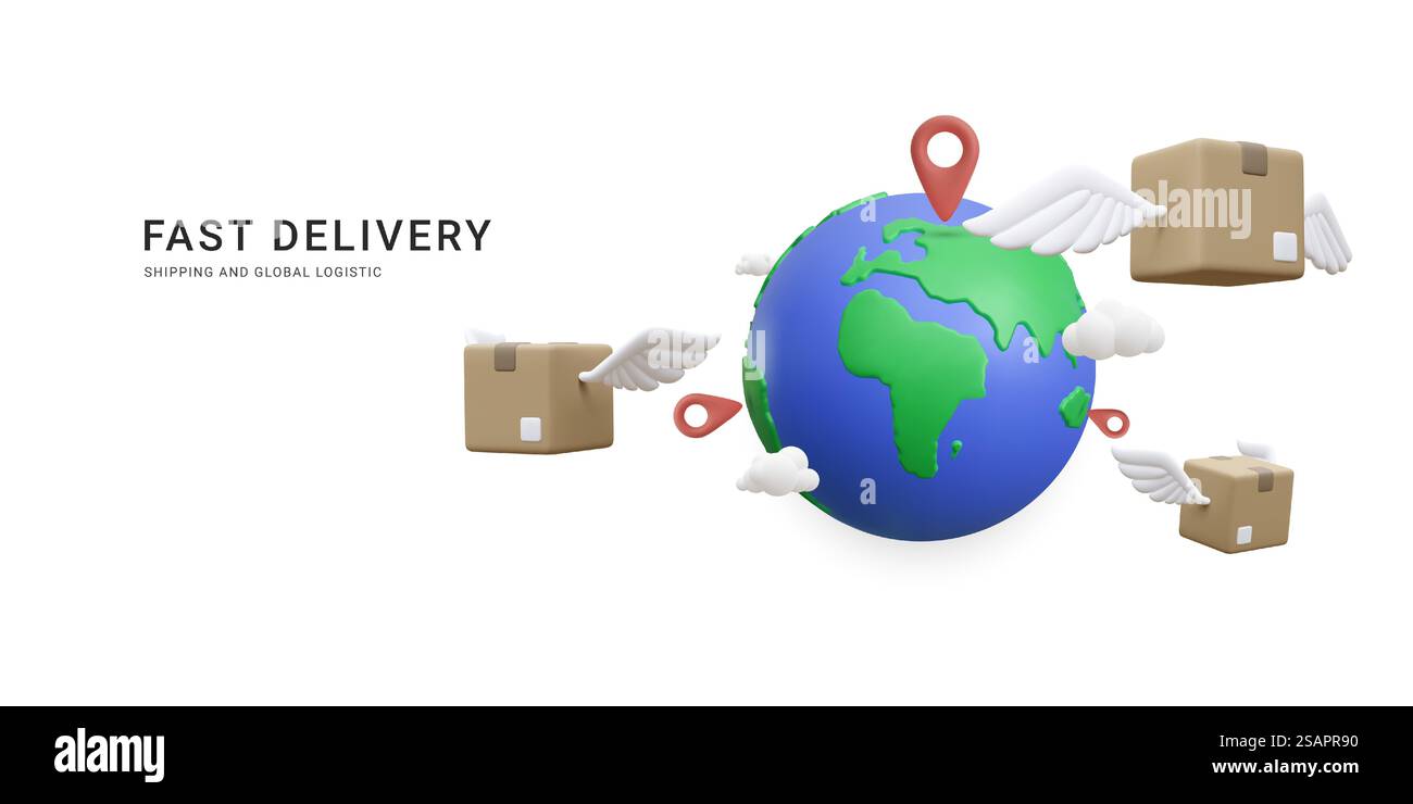 3d realistic cardboard boxes flying over the world map. Shipping and ...