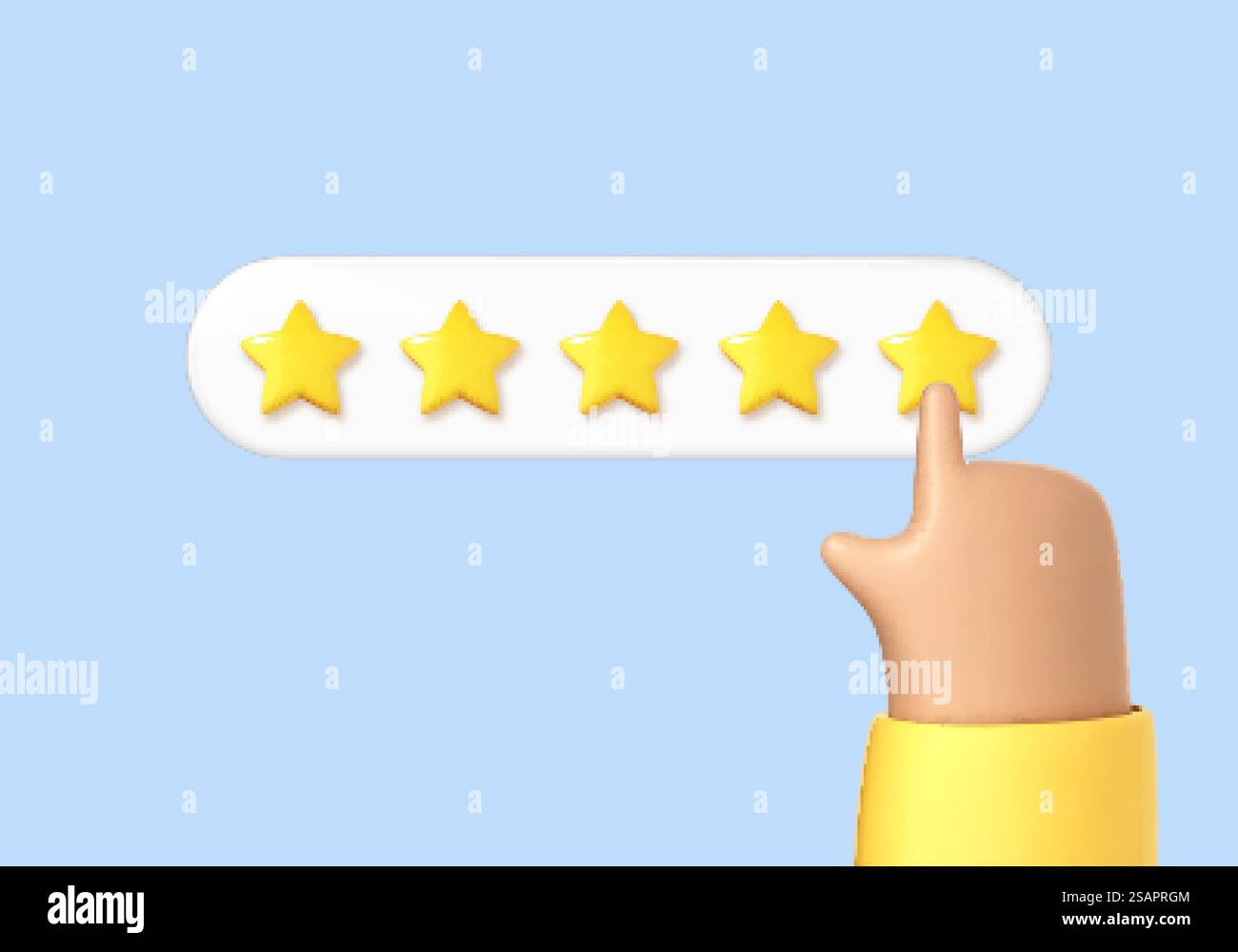 3d cartoon hand clicks on a five star rating. Concept of a positive rating, reviews and feedback ...