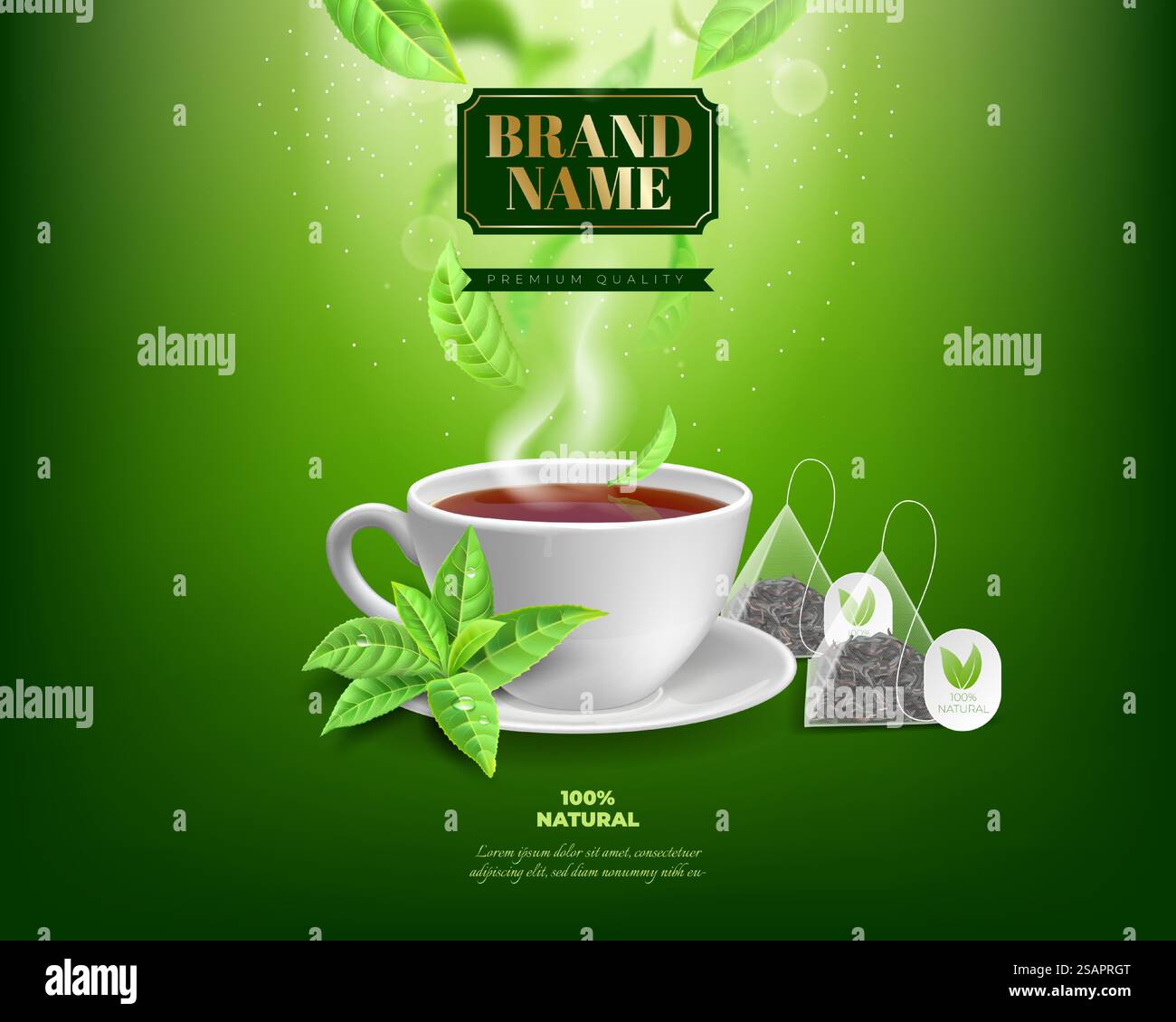 Tea ad background. Realistic green and black drink advertisement with ...