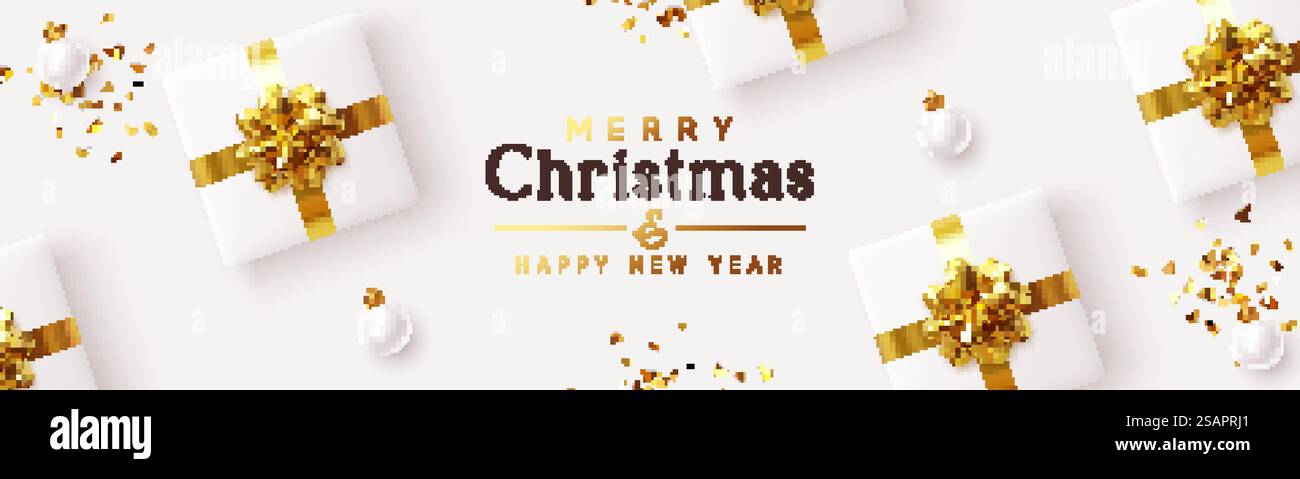 Holiday banner Merry Christmas and Happy New Year. Xmas white gifts ...