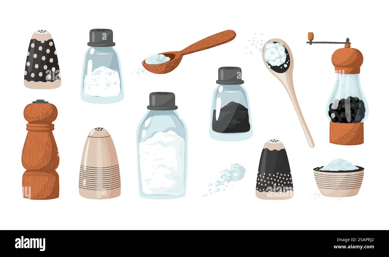 Salt and pepper bottles. Hand drawn tableware for spicy seasoning. Sea ...