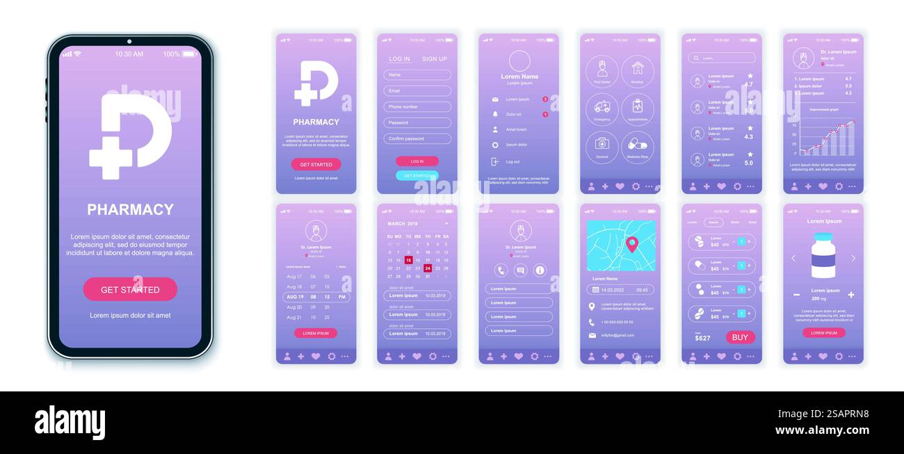 Pharmacy mobile app interface screens template set. Online account ...