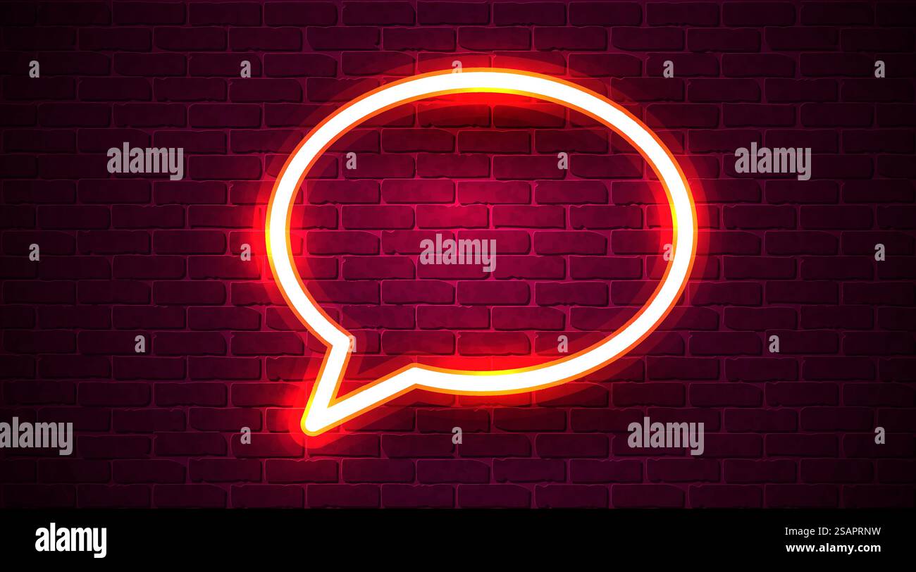 Neon chat bubble sign on dark brick wall background. Las Vegas concept ...