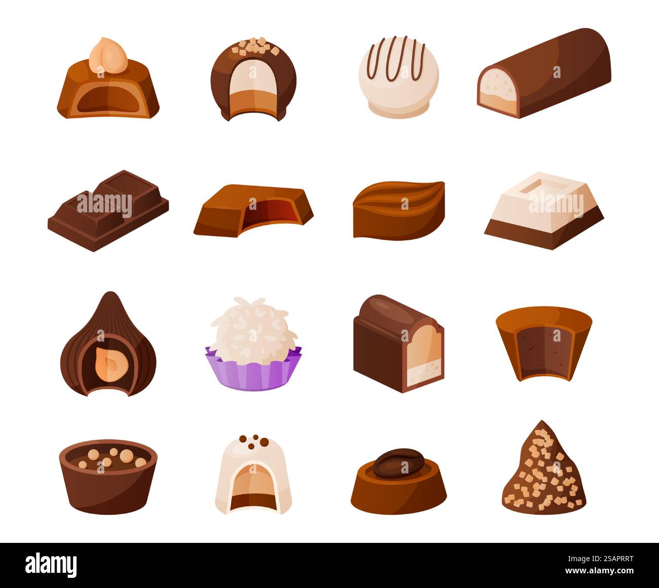 Cartoon chocolate candies. Sweet milk cacao desserts with topping and ...
