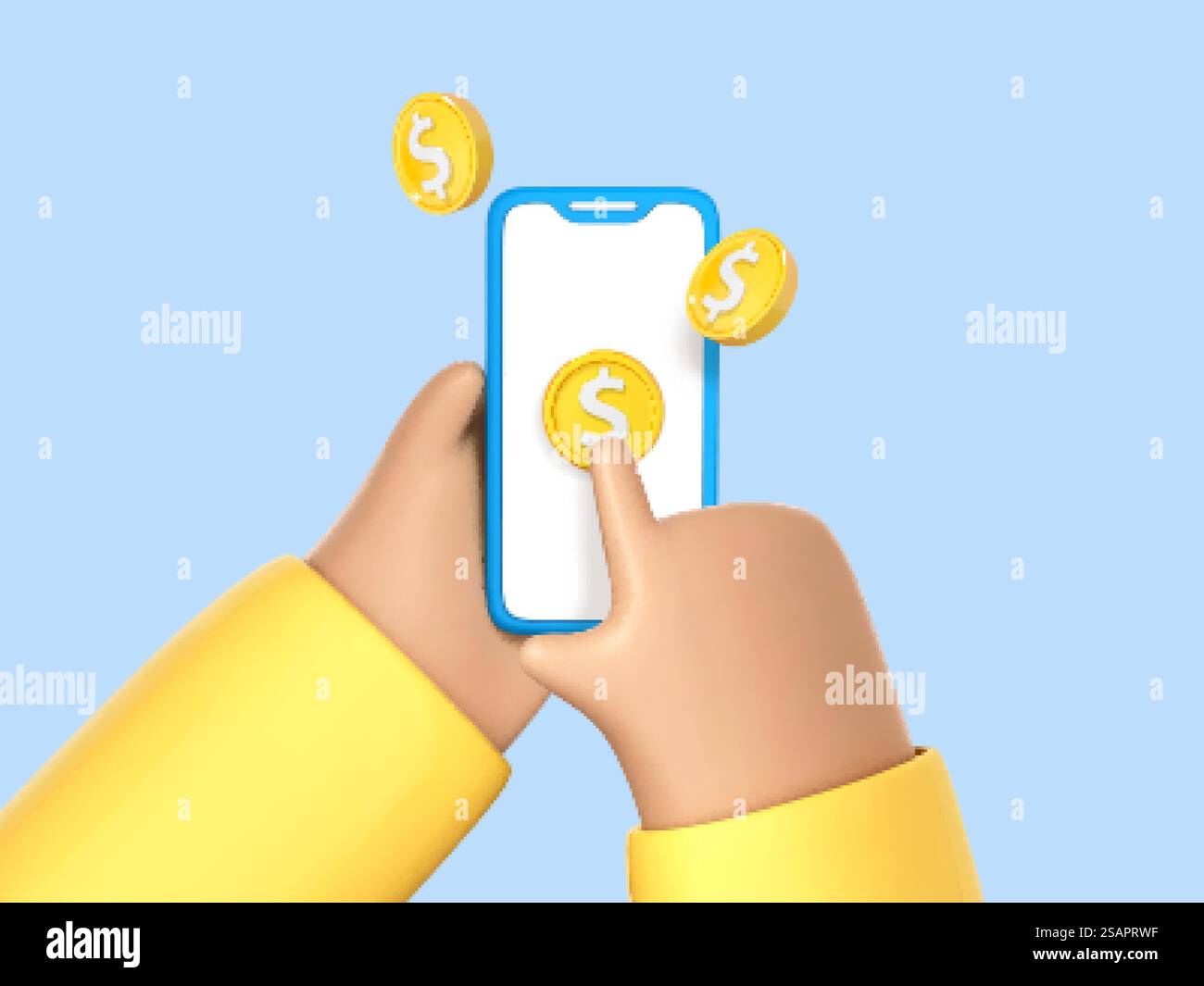 3D cartoon hand holding smartphone with flying dollar coins over blue background. Online banking ...