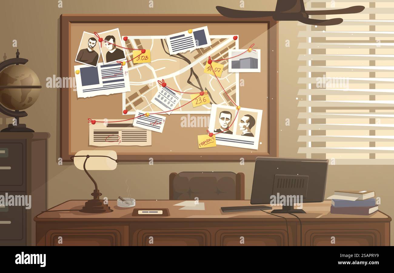 Detective workplace. Police office with investigation board. Searching ...