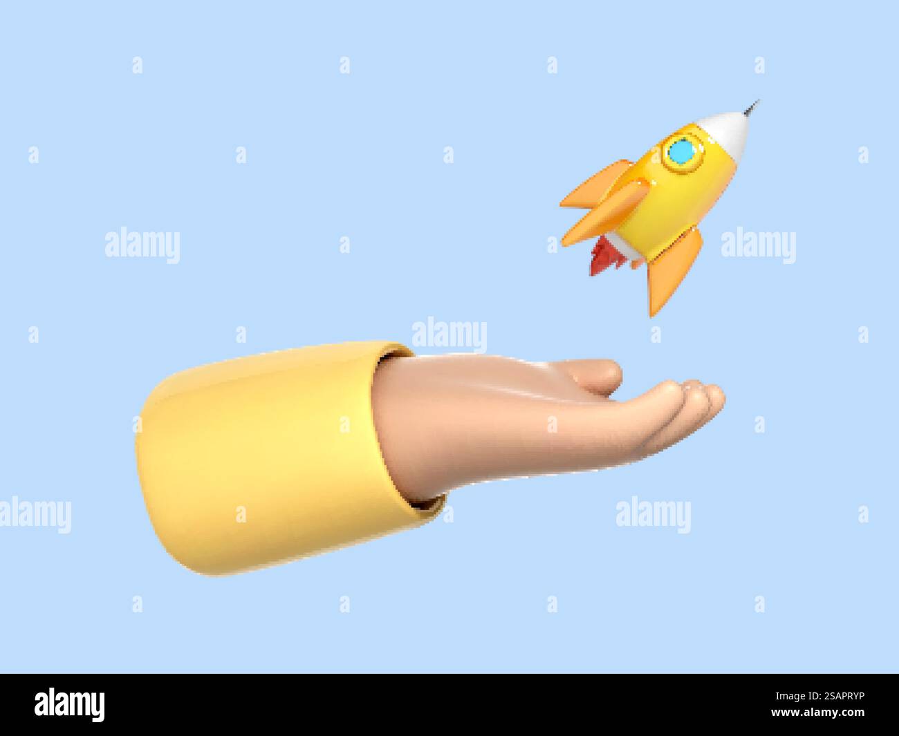 3D cartoon hand holding a rocket taking off. Human hand with rocket ...