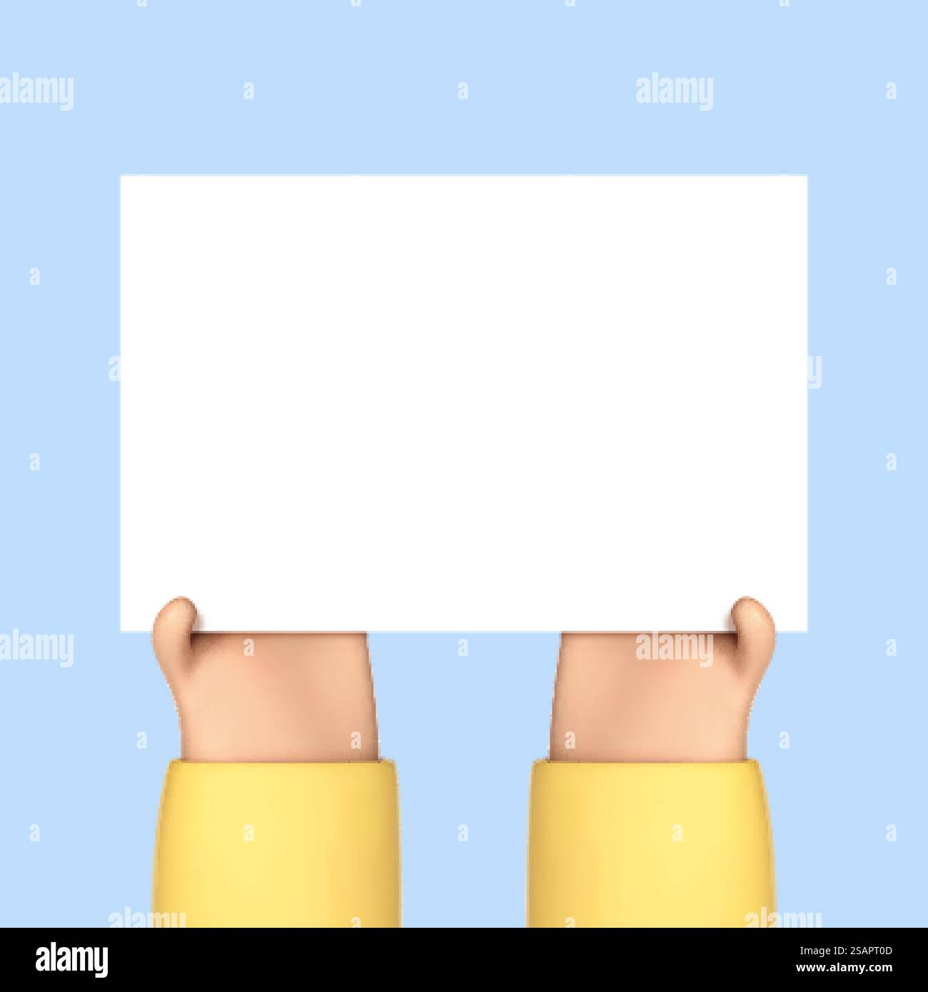 3D cartoon hands holding empty sign board. White empty sheet of paper ...