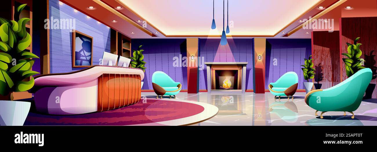 Reception hotel background banner in flat cartoon design. Luxury lobby ...