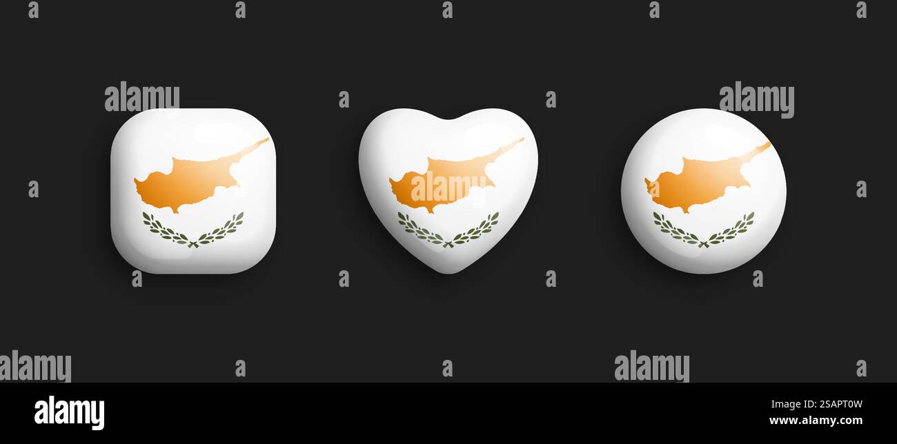 Cyprus Official National Flag 3D Vector Glossy Icons In Rounded Square ...