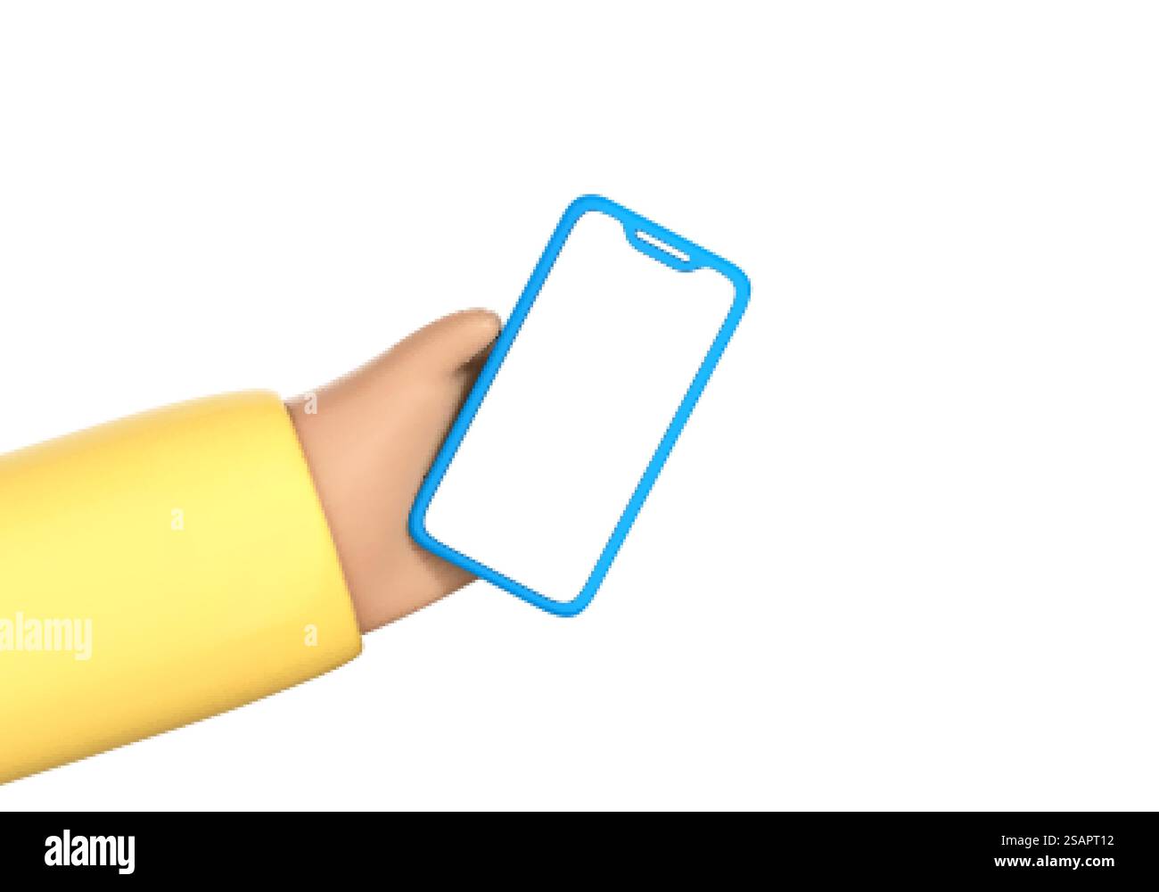 3D cartoon hand hold smartphone with blank screen isolated on white ...