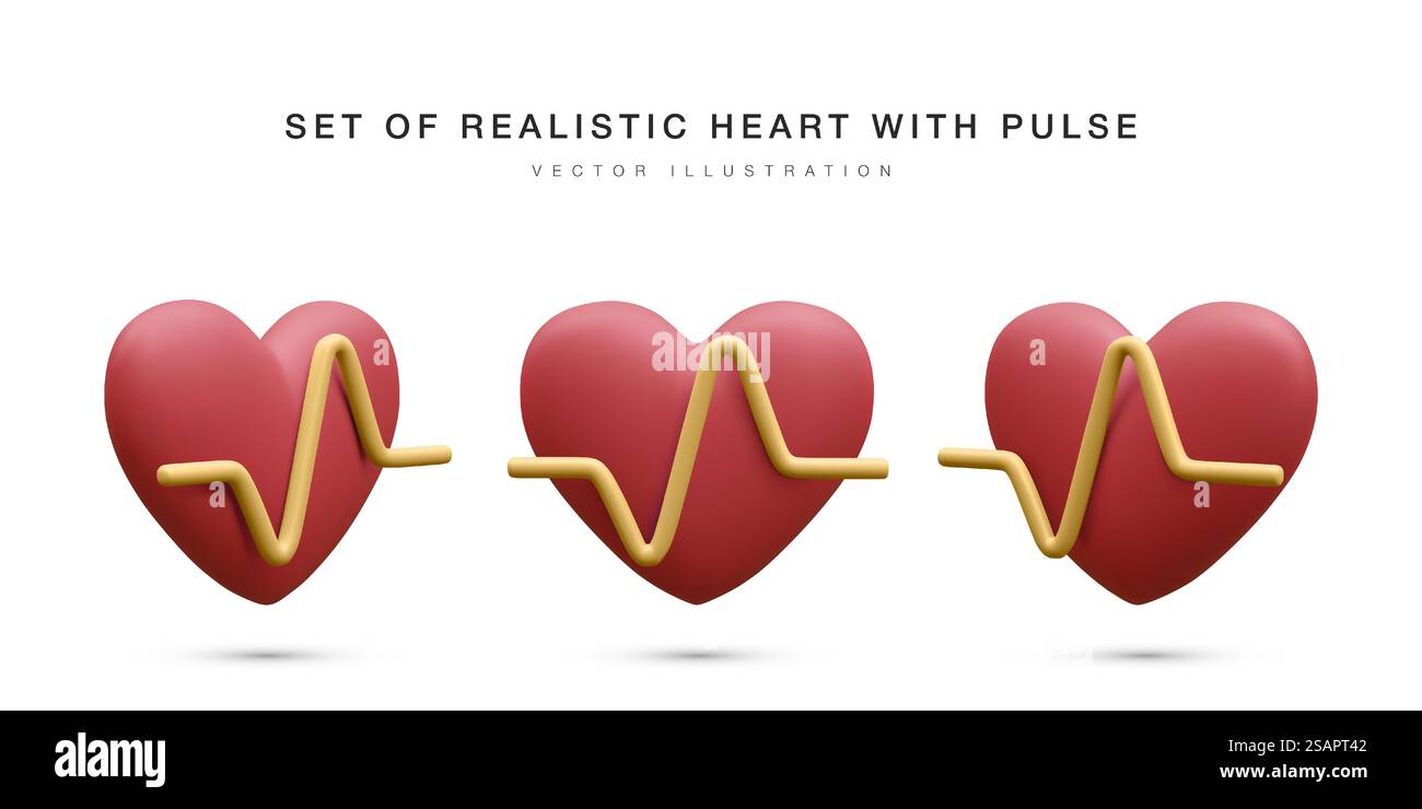 Set of 3d realistic red heart with yellow pulse for medical apps and ...