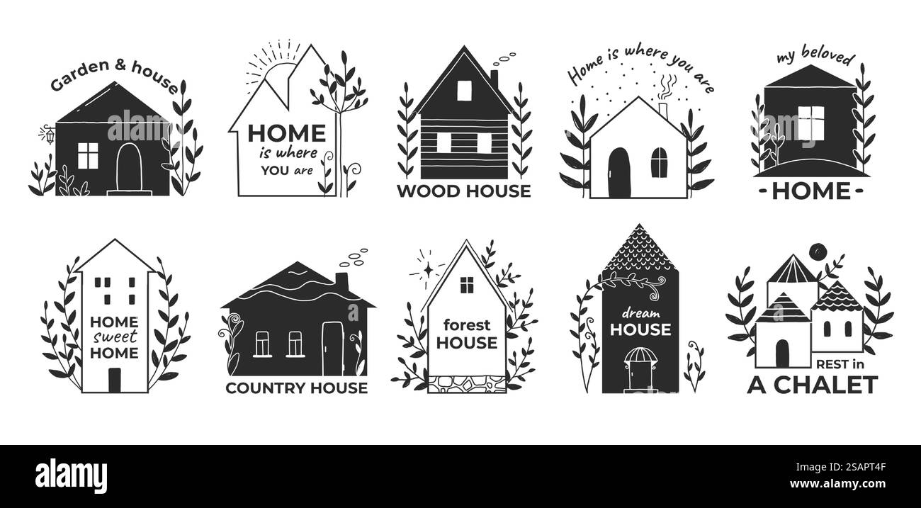 Home doodle logo. Hand drawn country wooden house with garden. Rental ...