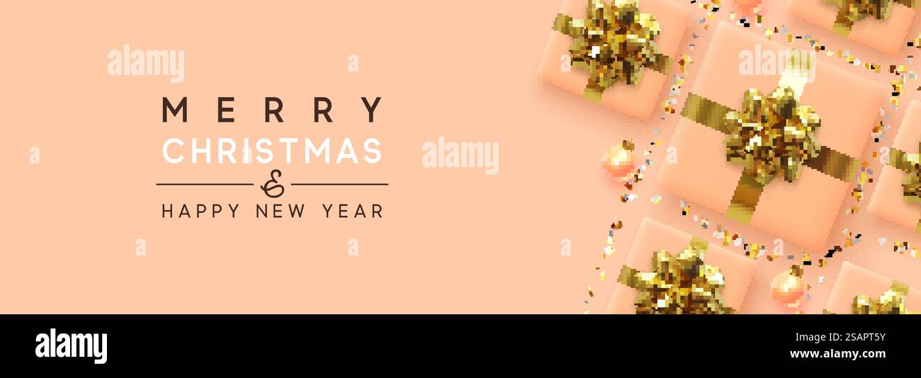 Banner Merry Christmas and Happy New Year. Realistic gift boxes, Shiny ...