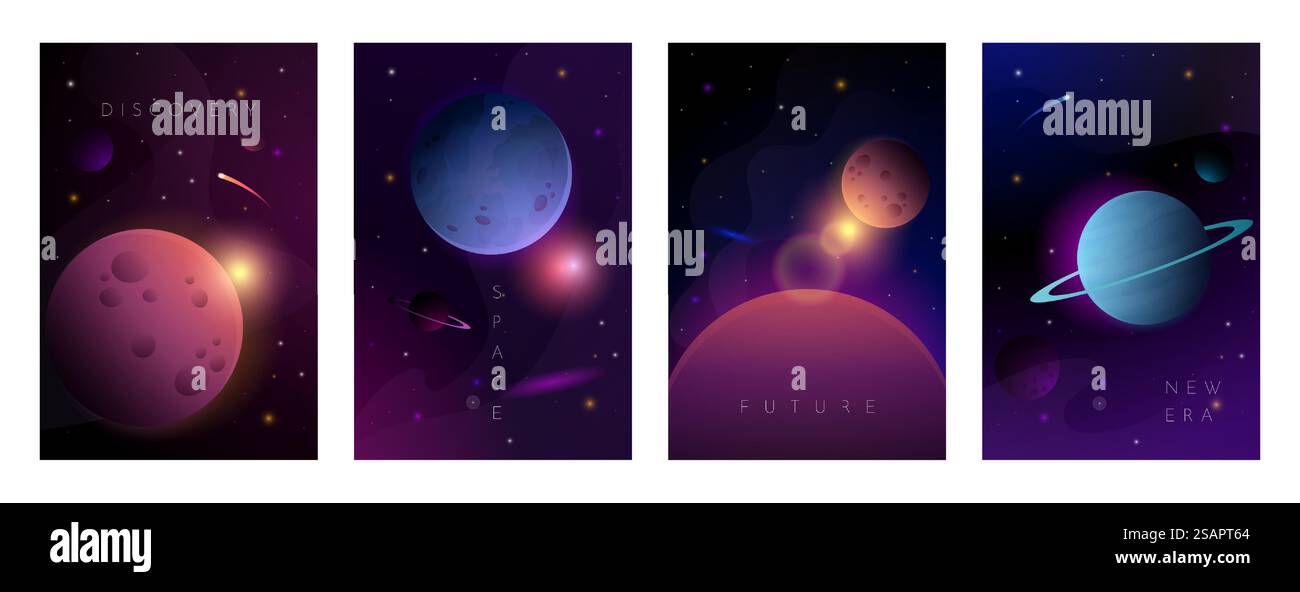 Space posters. Futuristic astronomy starry backgrounds with galaxy ...